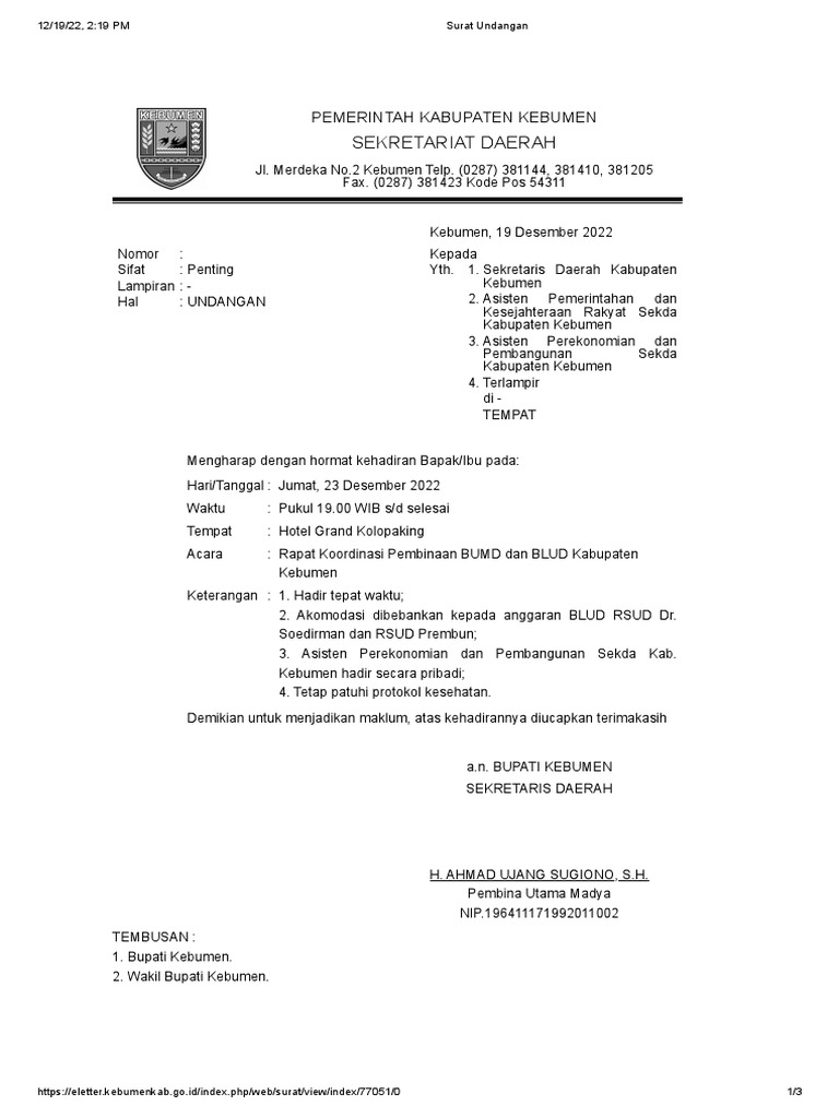 Surat Undangan Rakor BLUD Dan BUMD | PDF