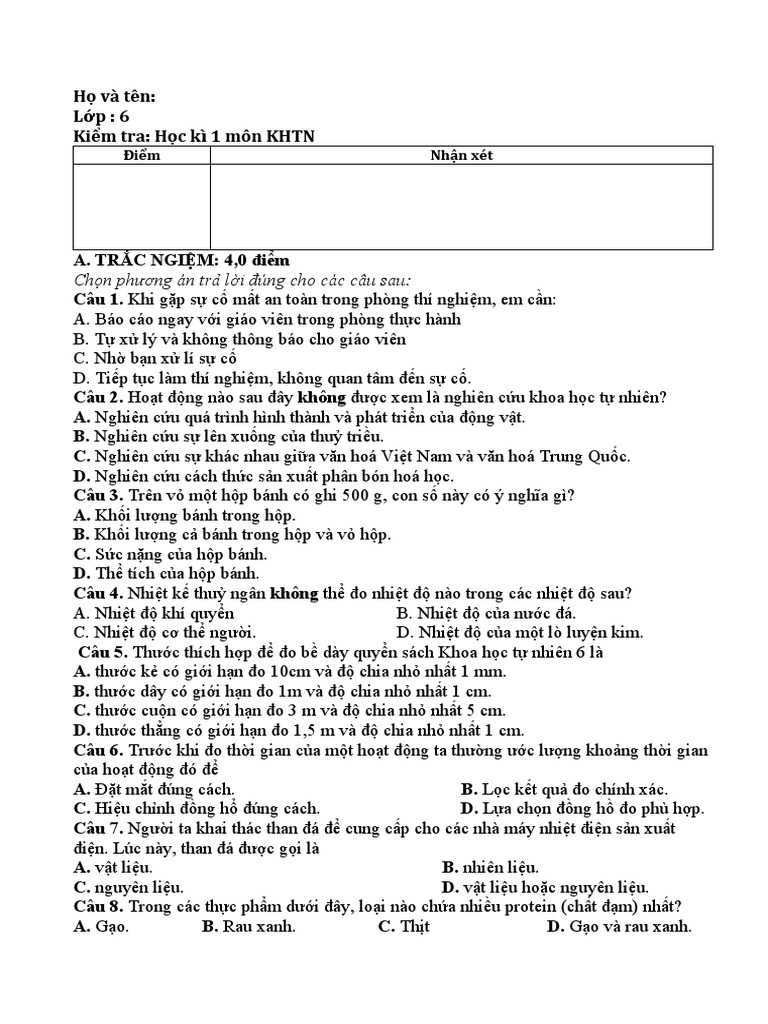 Đề KT HK1 KHTN6 | PDF