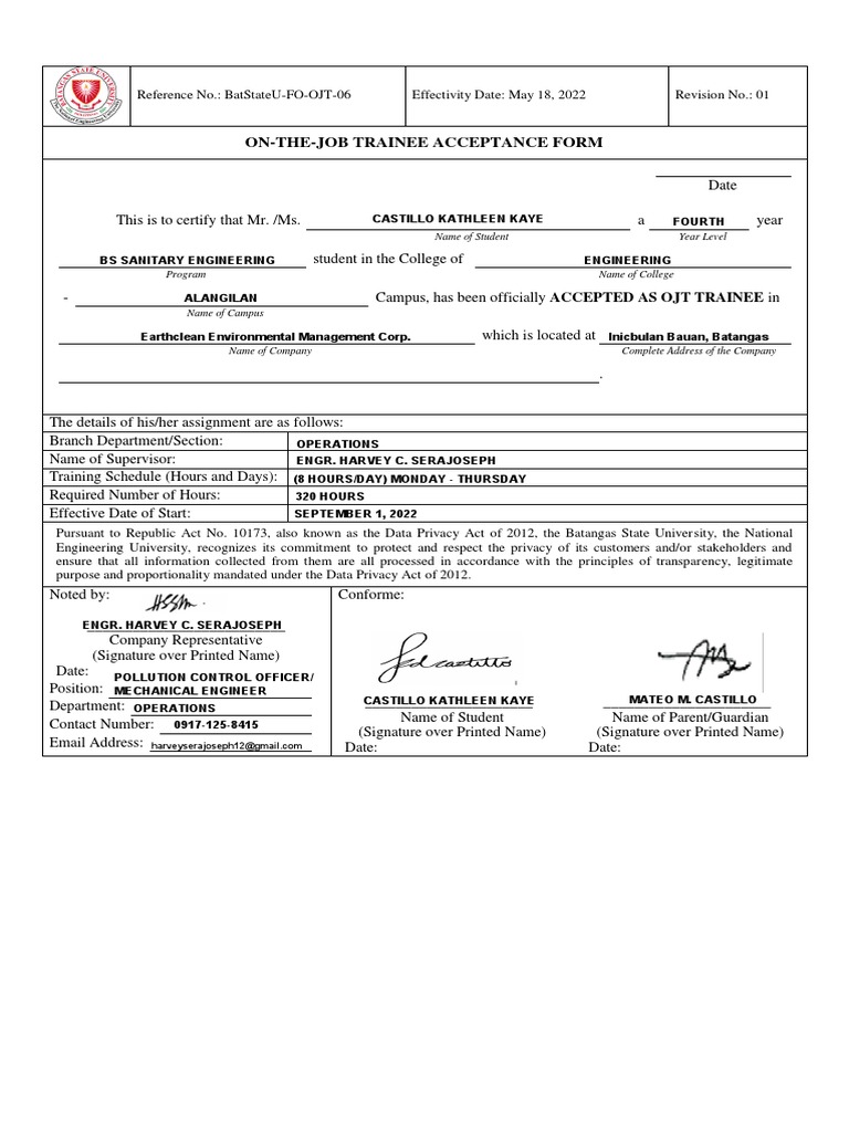 On-The-Job Trainee Acceptance Form | PDF