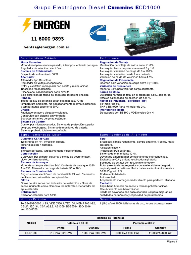 Ficha Grupo Electrogeno Diesel Cummins Ecd1000 | PDF | Motor diesel ...