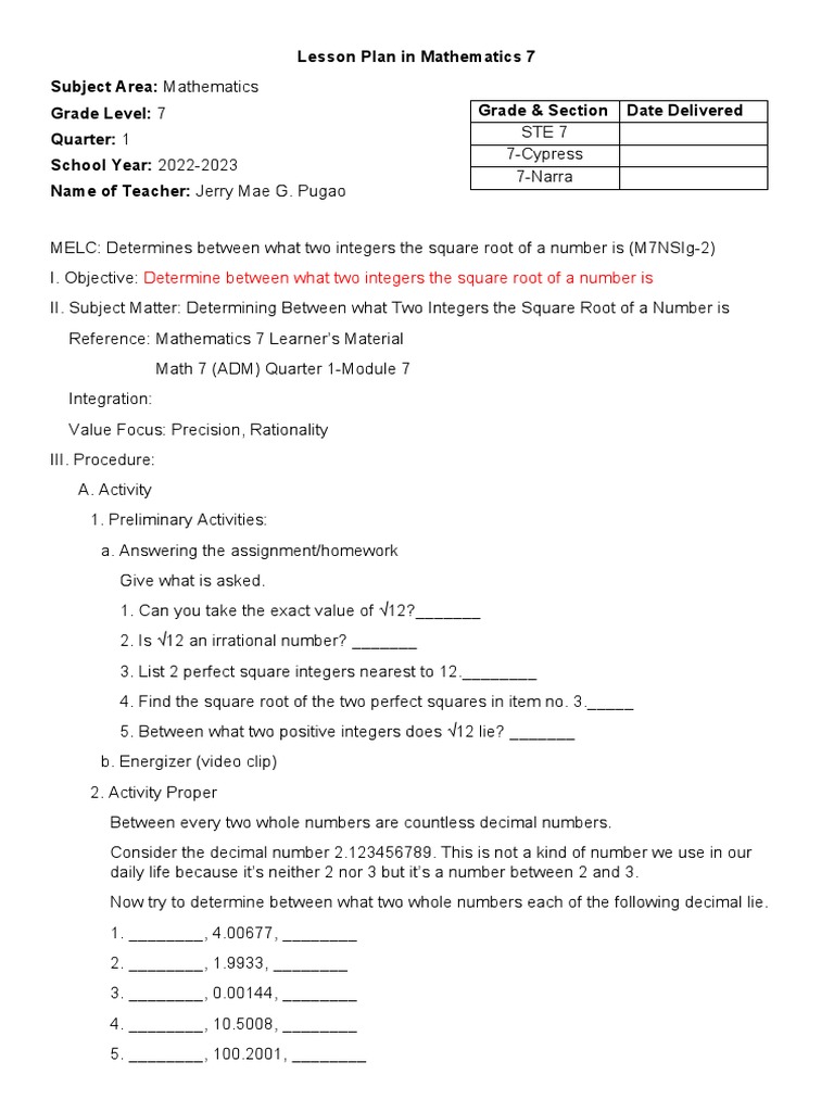 Math 7 Lesson Plan: Square Roots | PDF | Numbers | Square Root