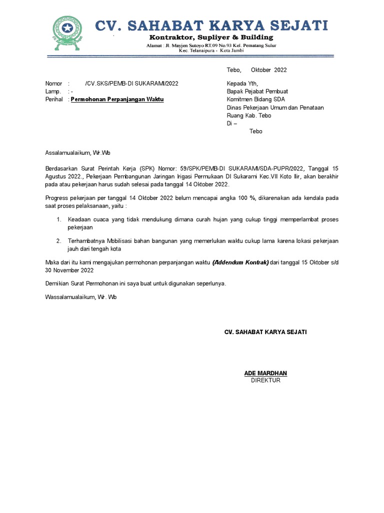 Surat Permohonan Addendum Waktu | PDF