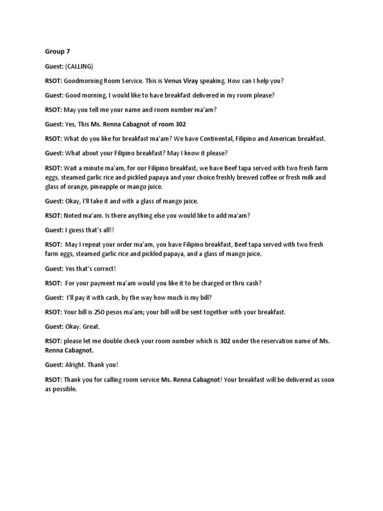 Room Service Script. | PDF | Waiting Staff | Meal