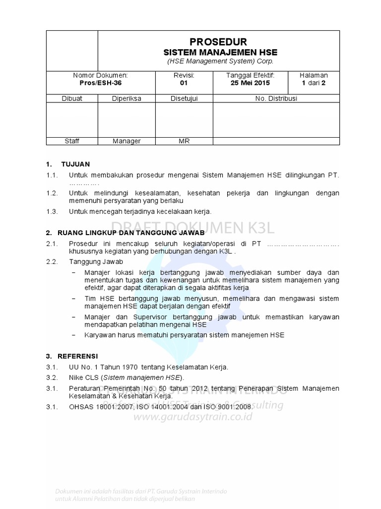 SOP 32 HSE Manajemen System - Template PT. Garuda Systrain Interindo | PDF