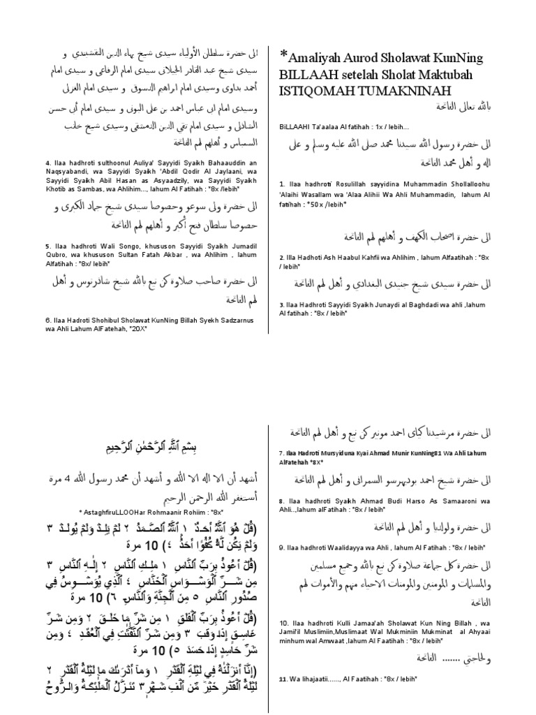 Amaliyah Aurod Sholawat KunNing BILLAAH Setelah Sholat Maktubah ISTIQOMAH TUMAKNINAH | PDF