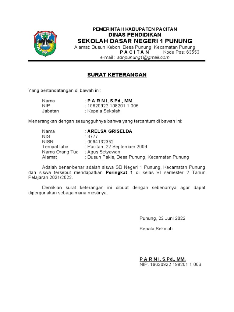 Surat Keterangan Peringkat Kelas | PDF