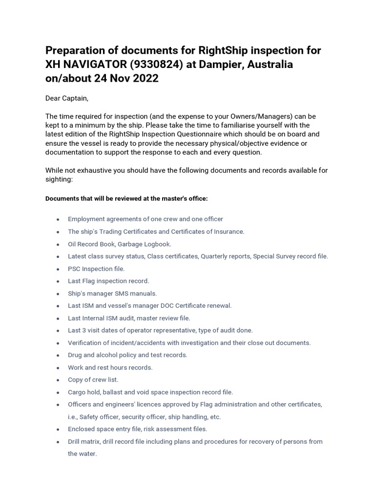 Rightship Inspection Checklist | PDF | Ships | Ventilation (Architecture)