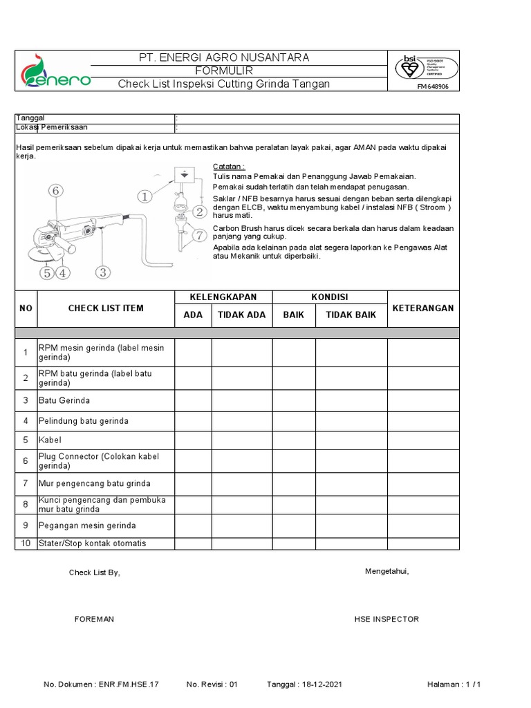 ENR - FM.HSE.17 Checklist Gerinda Tangan | PDF