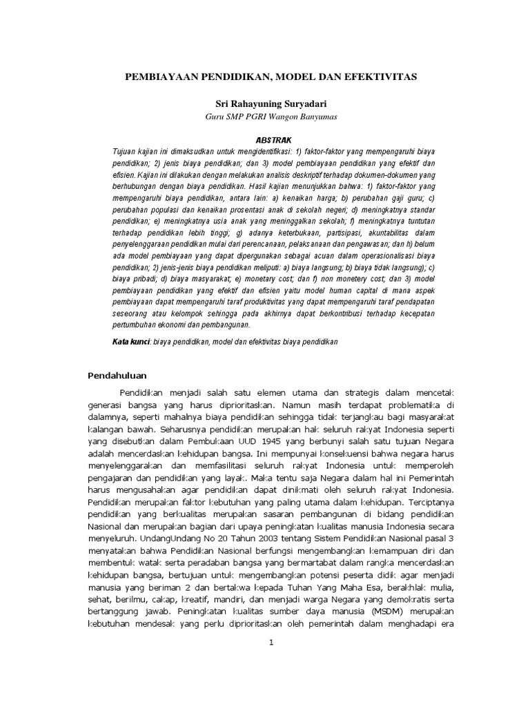 Sri Rahayuning Suryadari Pembiayaan Pendidikan Model Dan Efektivitas | PDF