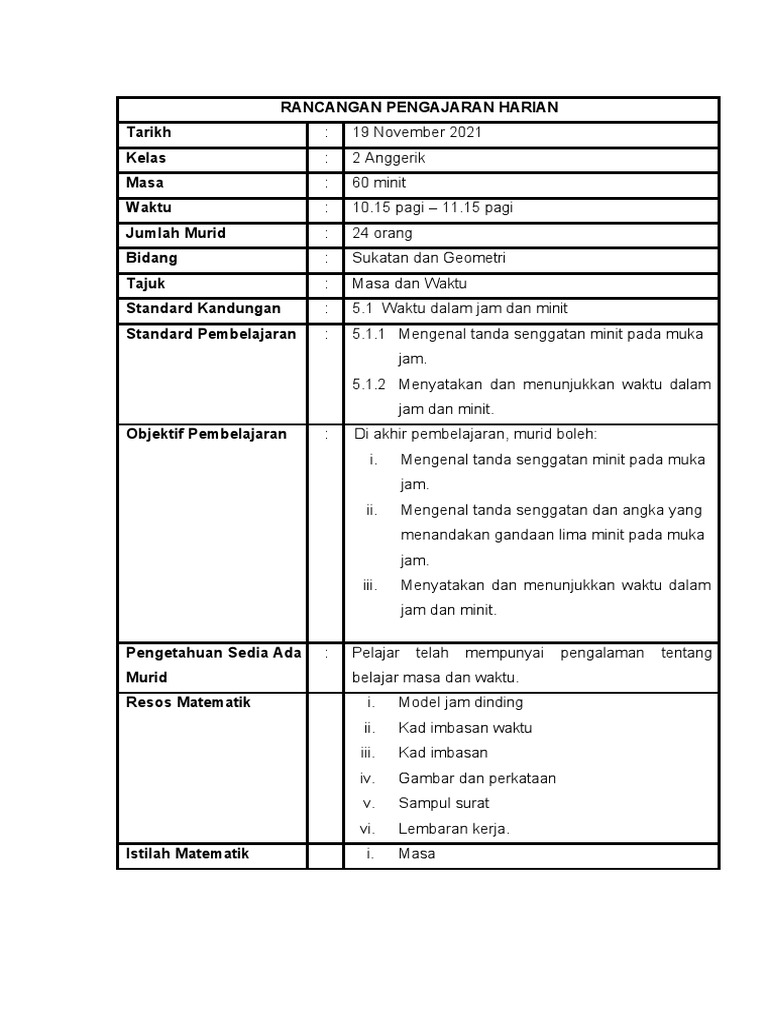 RPH Waktu Dan Masa Tahun 2 | PDF