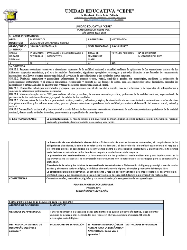 PCA 2022 - 2023 - 3ro Bachillerato | PDF | Ecuaciones | Derivado