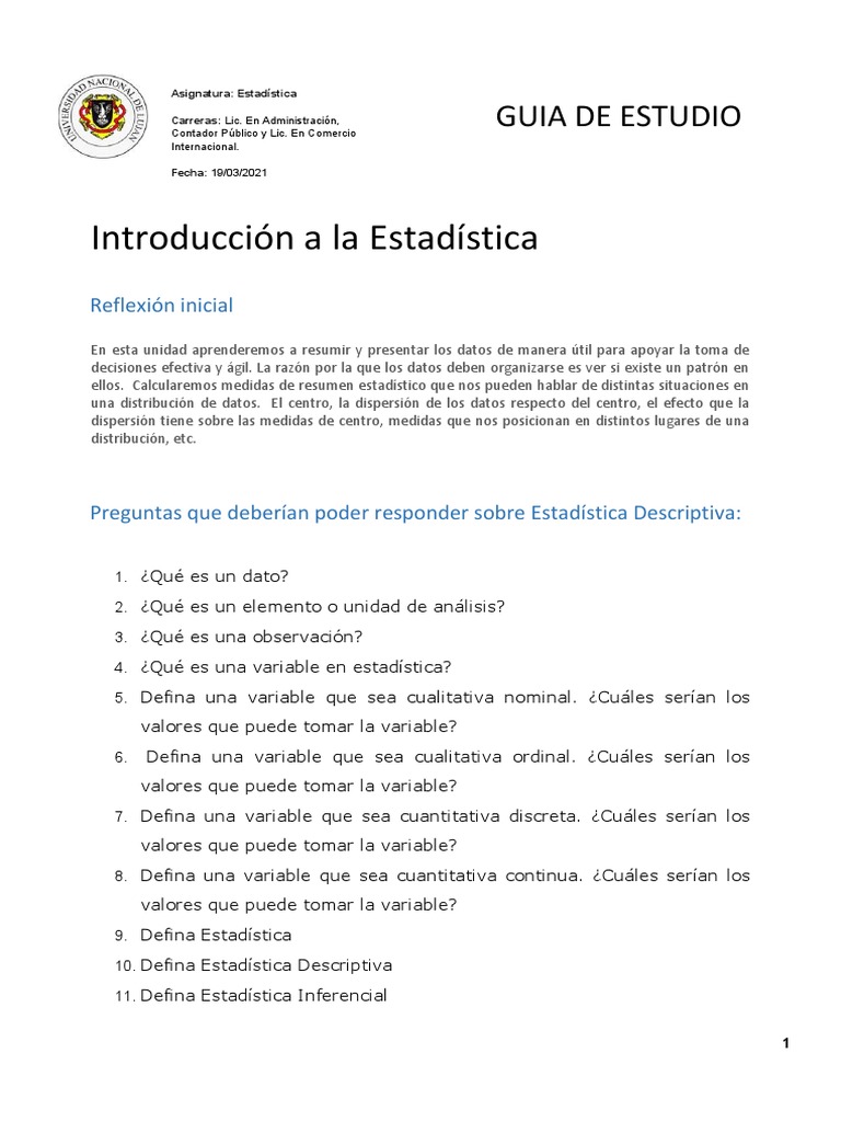 Guia de Preguntas 01 Estadistica Descriptiva 2021 | PDF | Media | Estadísticas