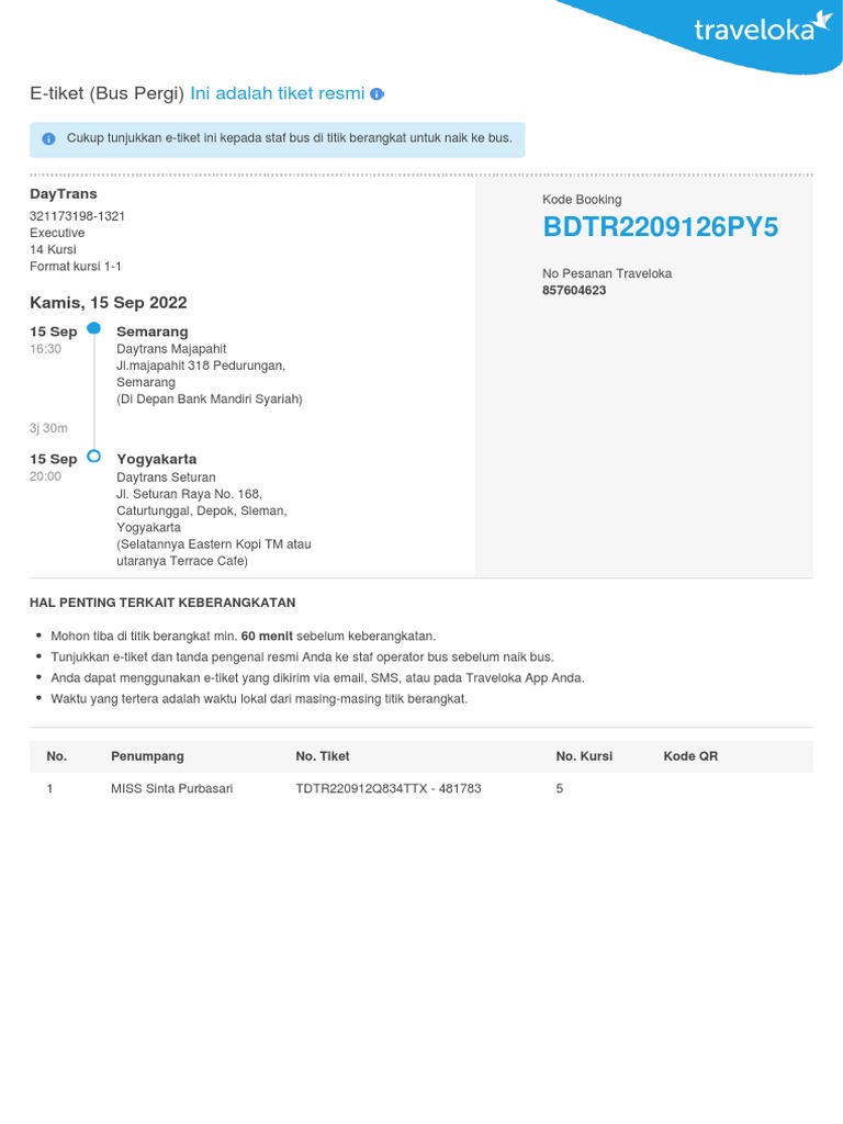 Tiket Bus Daytrans Semarang-Yogyakarta | PDF