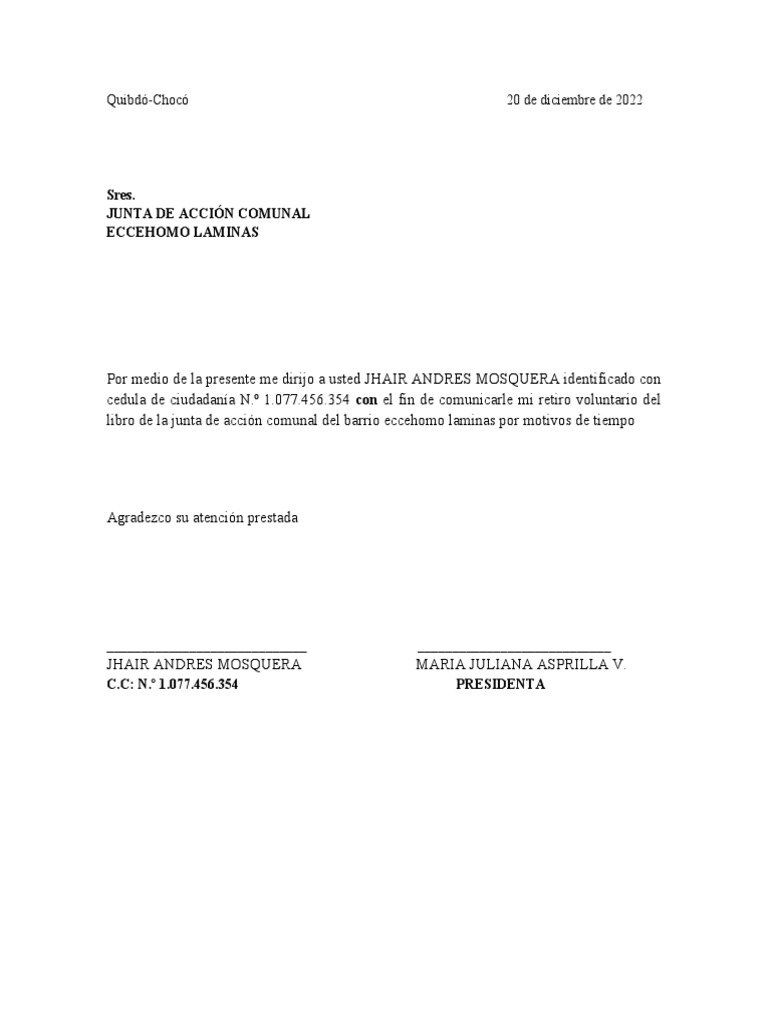 Carta de Retiro Accion Comunal | PDF
