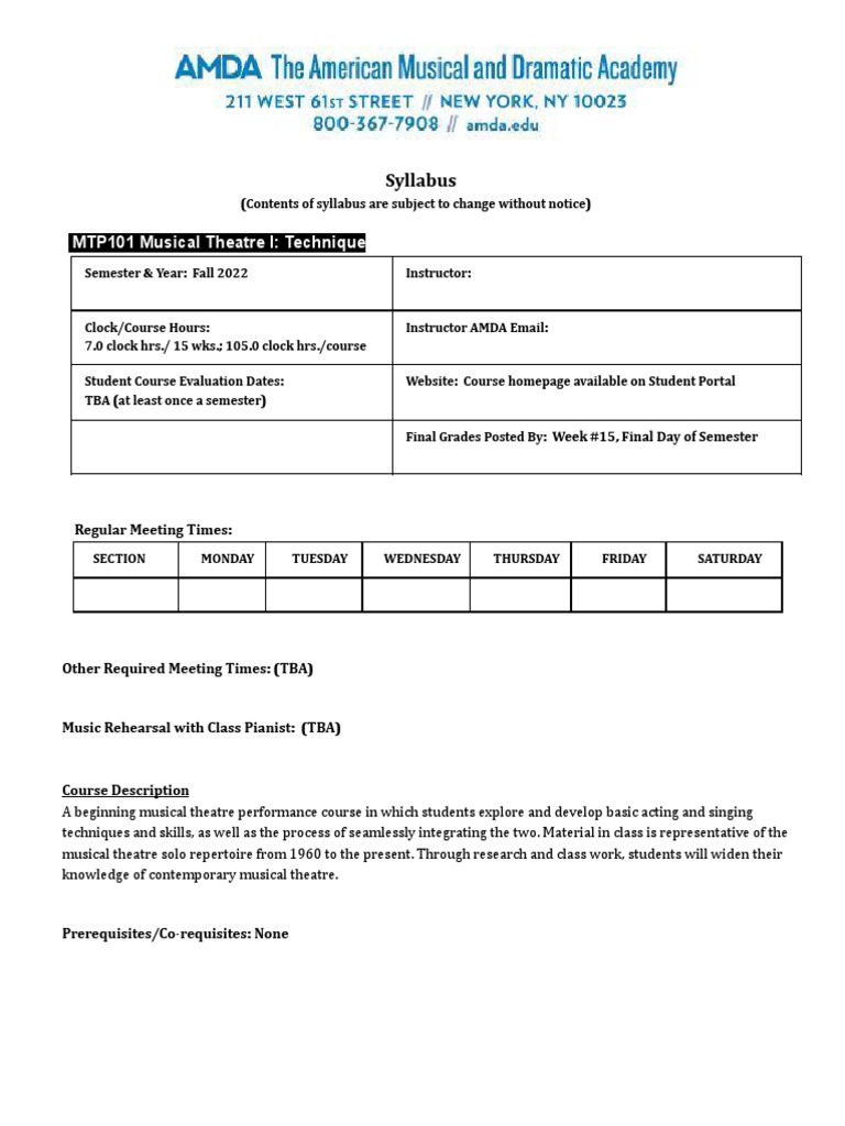 MTP101 Musical Theatre I - Technique Syllabus (Fall 2022) | PDF ...