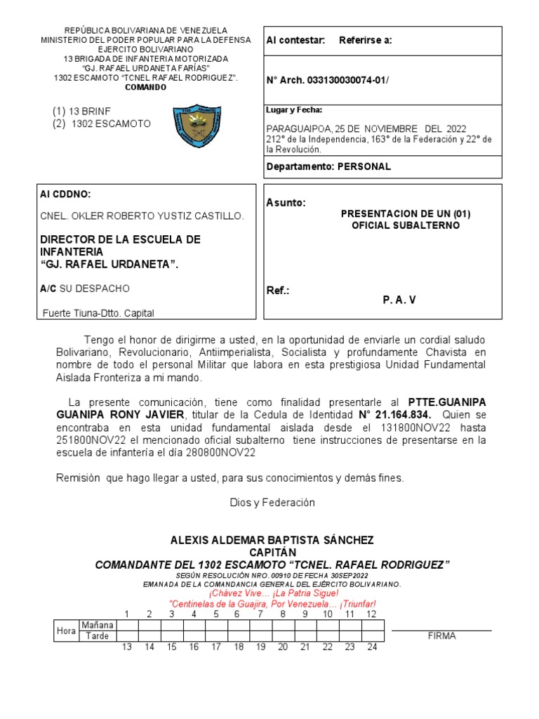Oficio para La Escuela de Infanteria | PDF | Militar