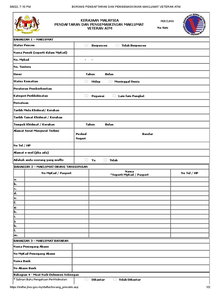 Borang Pendaftaran Dan Pengemaskinian Maklumat Veteran Atm Pdf
