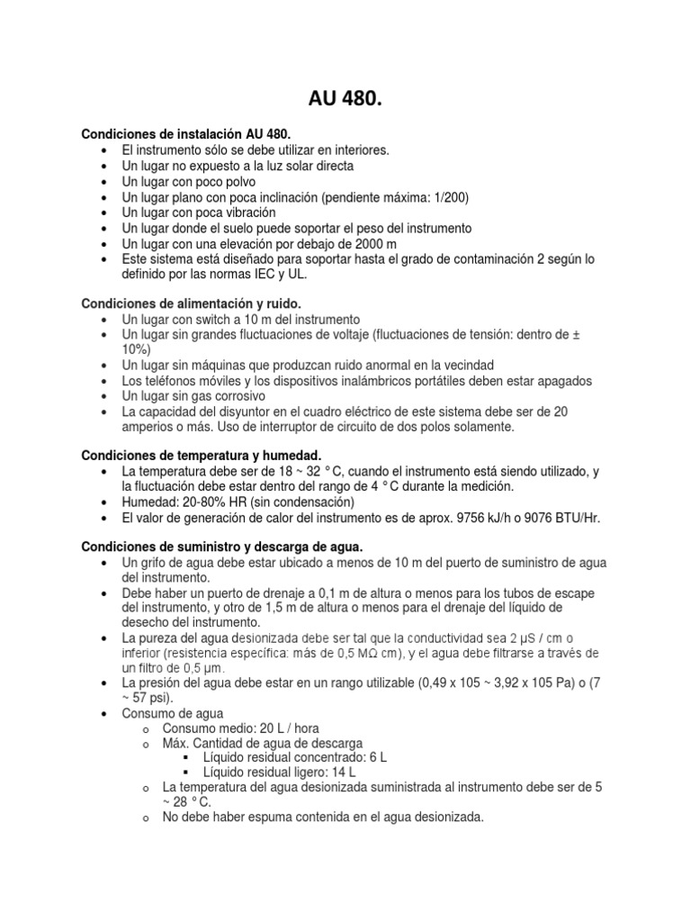 Condiciones de Instalación AU 480 | PDF | Agua | Ingenieria Eléctrica