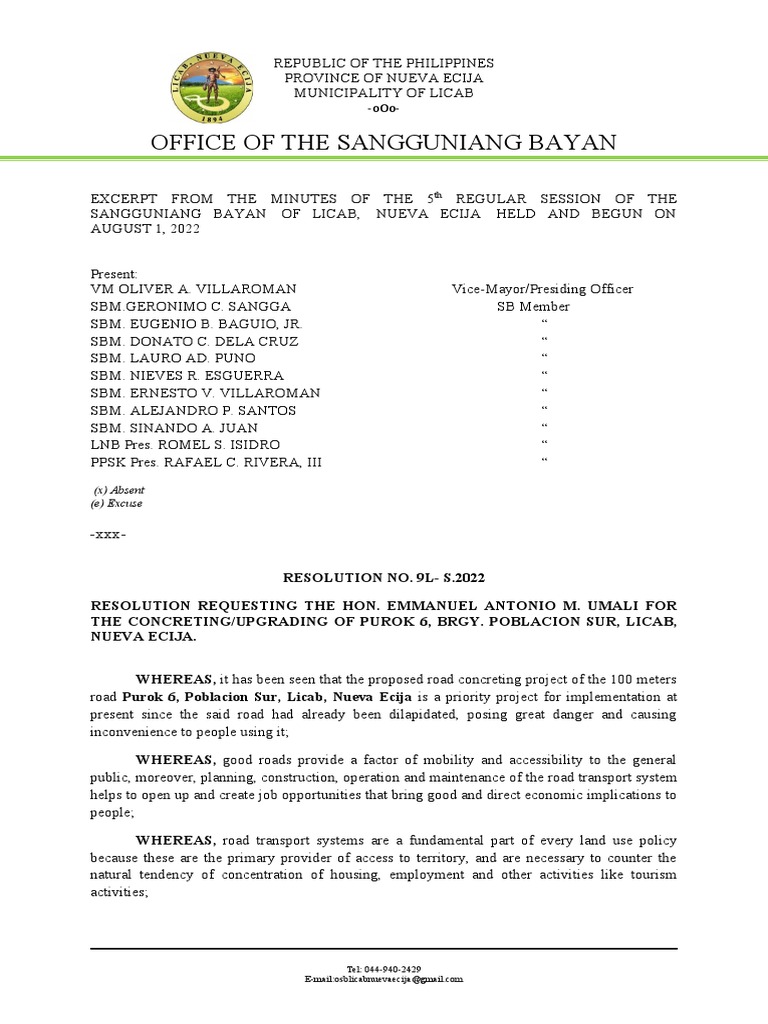 Request for Road Improvement Project in Purok 6, Brgy. Poblacion Sur, Licab, Nueva Ecija | PDF ...
