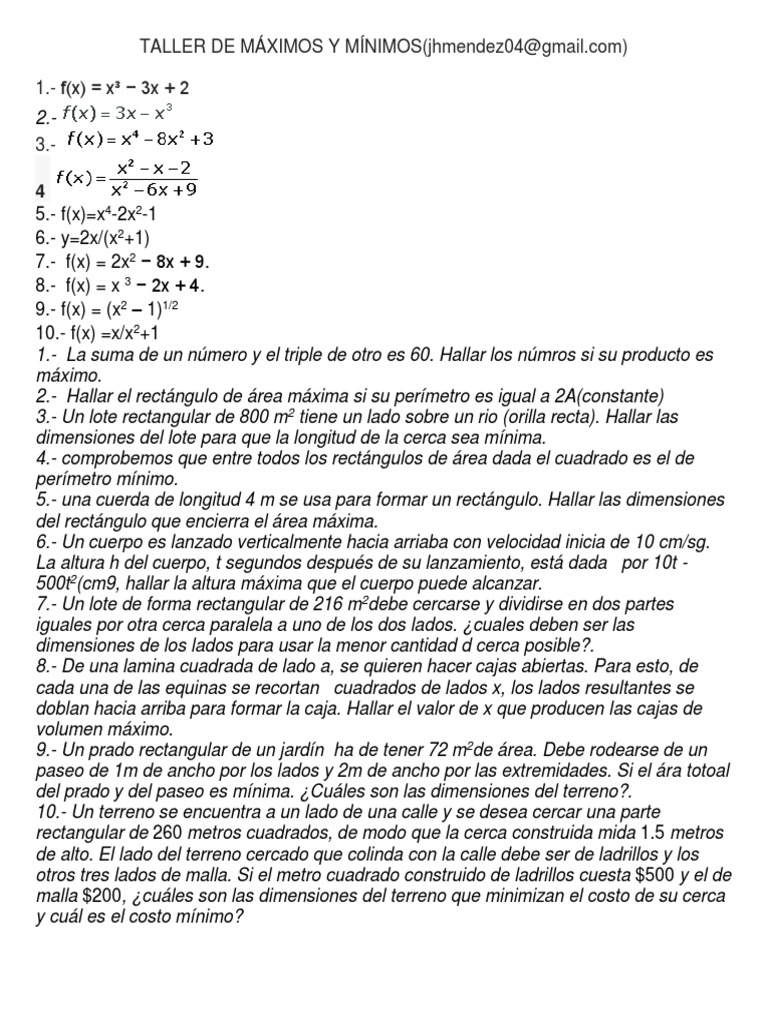 Taller de Maximos y Minimos | PDF