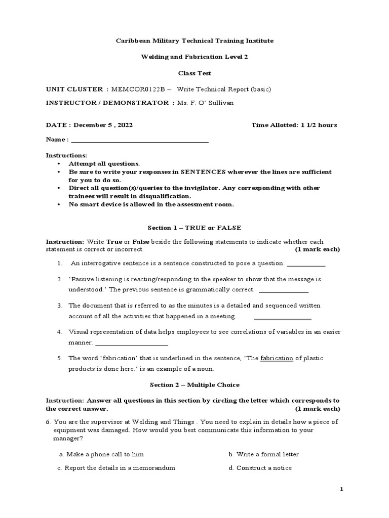 Welding & Fabrication Test | PDF | Question | Information
