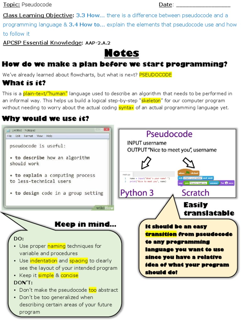 03 Keyed Notes Pseudocode And Pseudocode Tracing Pdf Subroutine Theoretical Computer Science