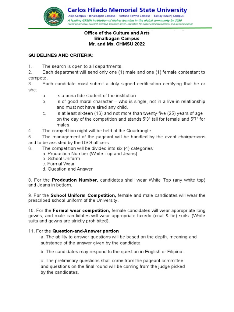 Guidelines and Criteria for the Mr. and Ms. CHMSU 2022 Pageant ...
