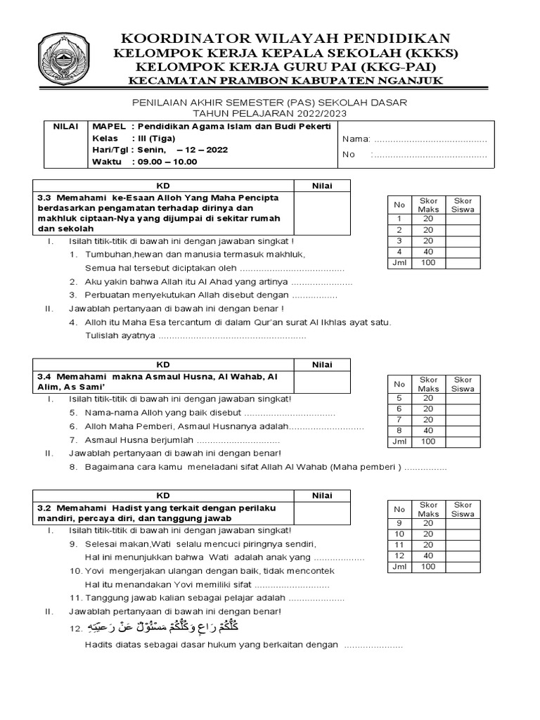 Soal Pas Pai Kelas 3 Tahun 2022 - 2023 | PDF