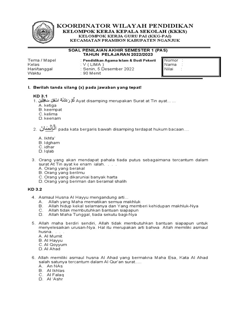 Soal Pas Pai Kelas 5 Tahun 2022 2023 | PDF