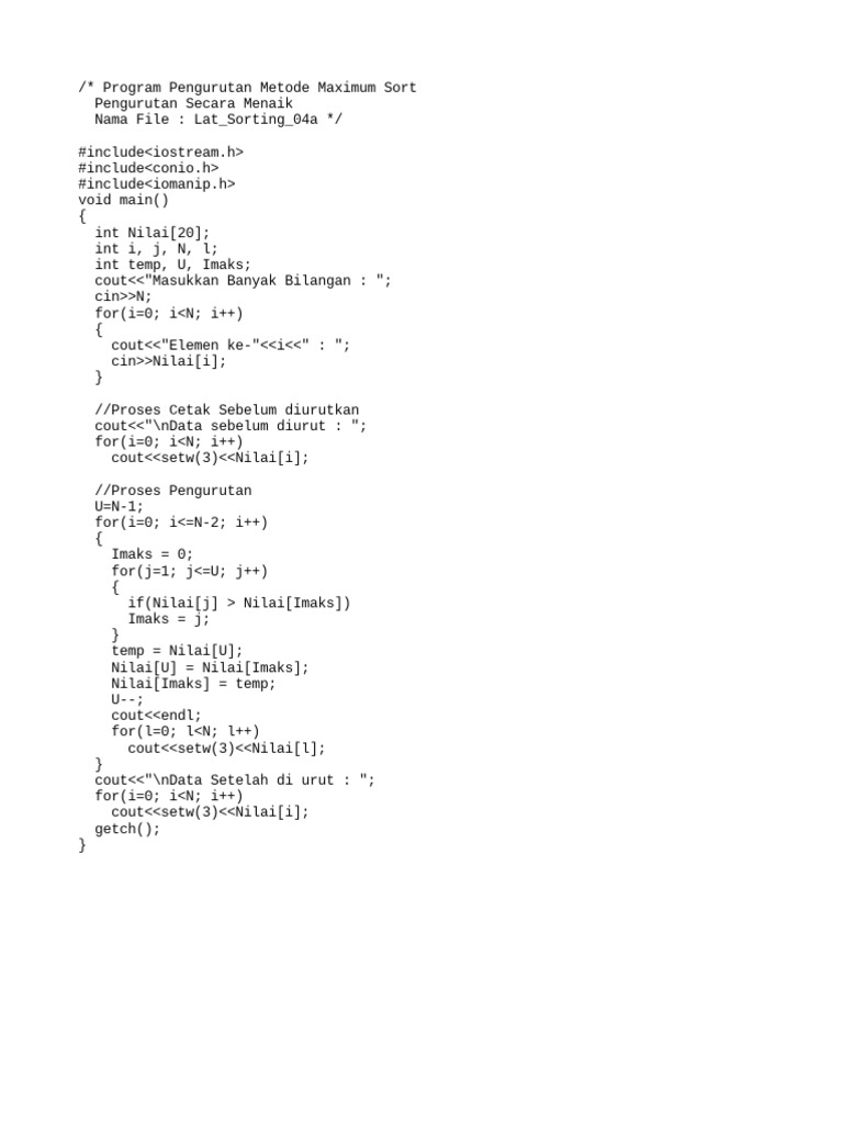Program Pengurutan Metode Maximum Sort Secara Menaik | PDF