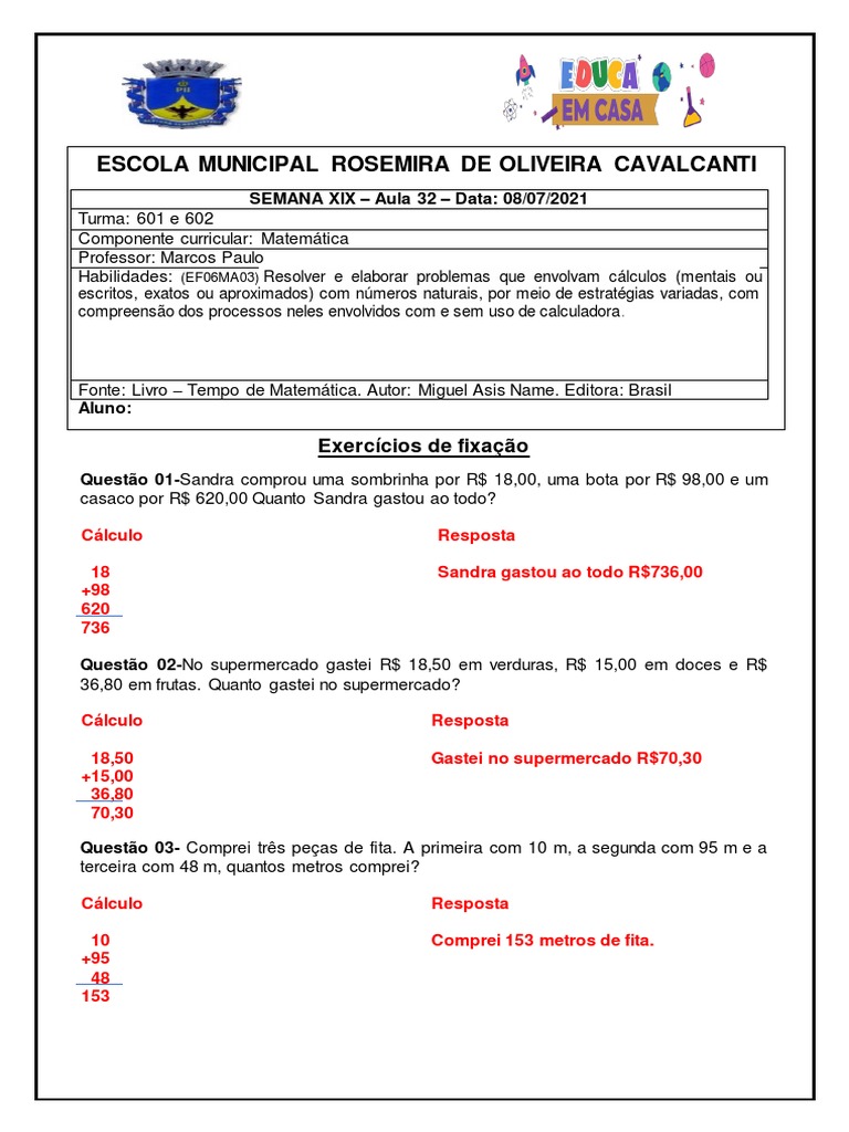 Gabarito Problemas Envolvendo As 4 Operacoes PDF | PDF