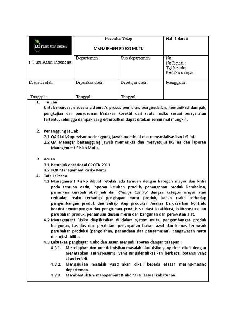 Prosedur Tetap Manajemen Risiko Mutu | PDF