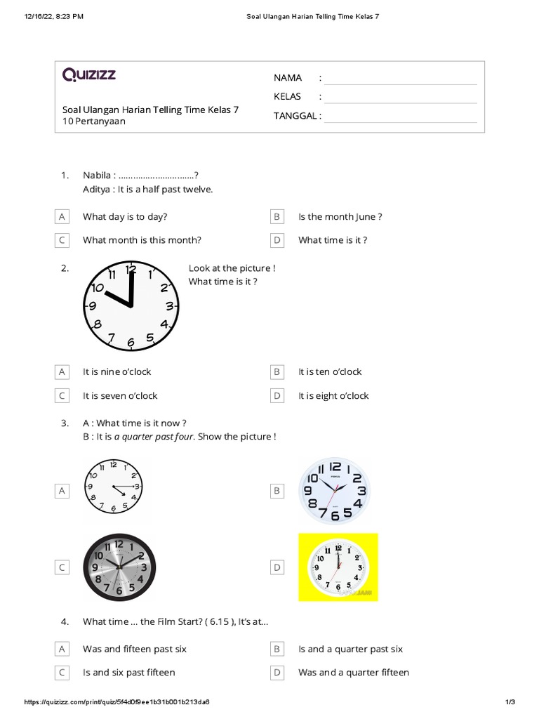 Soal Ulangan Harian Telling Time Kelas 7 | PDF