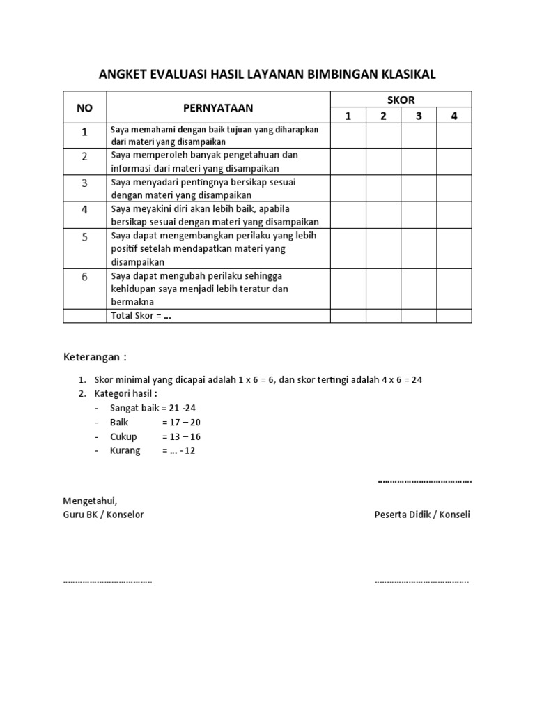 Angket Evaluasi Hasil Layanan Bimbingan Klasikal | PDF