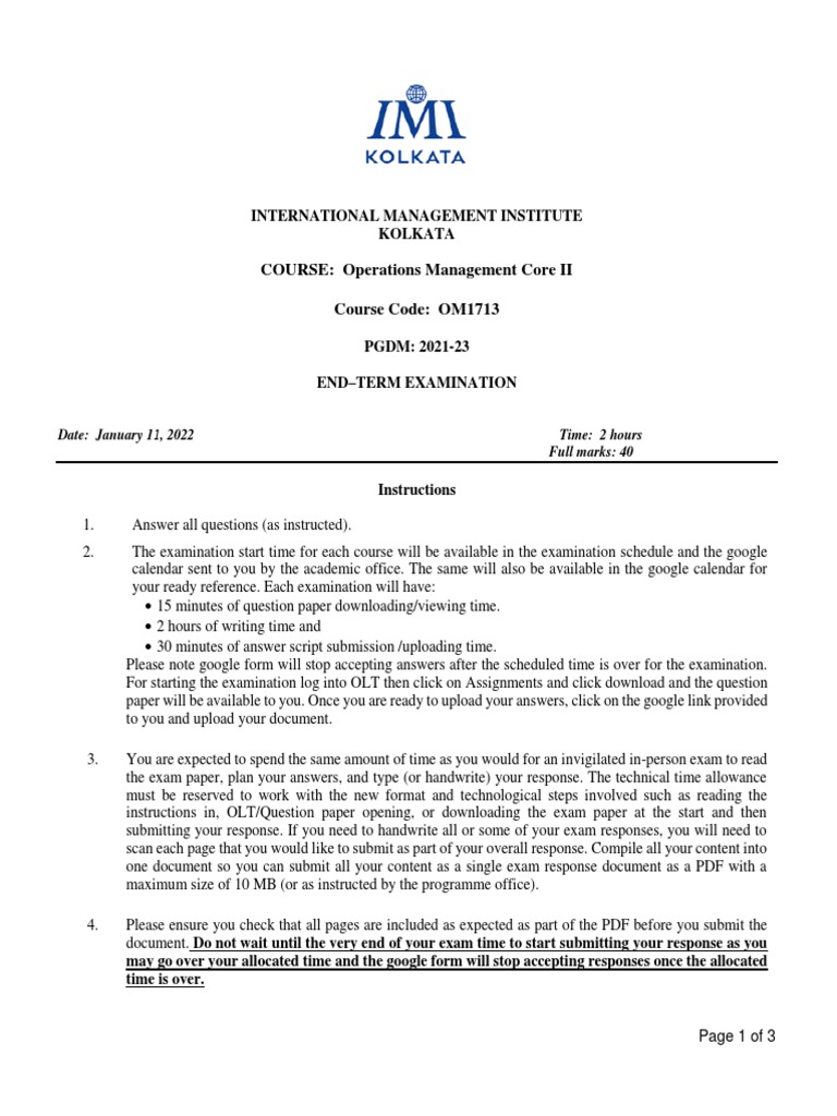 End-Term Exam - Operations Management Core II | PDF | Test (Assessment ...