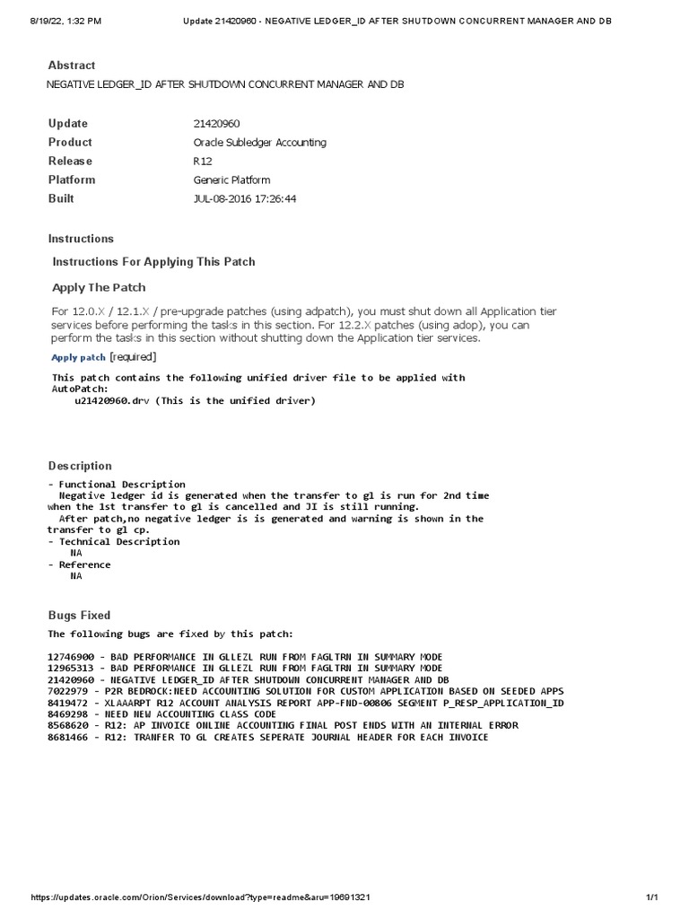 Update 21420960 - NEGATIVE LEDGER - ID AFTER SHUTDOWN CONCURRENT MANAGER AND DB | PDF