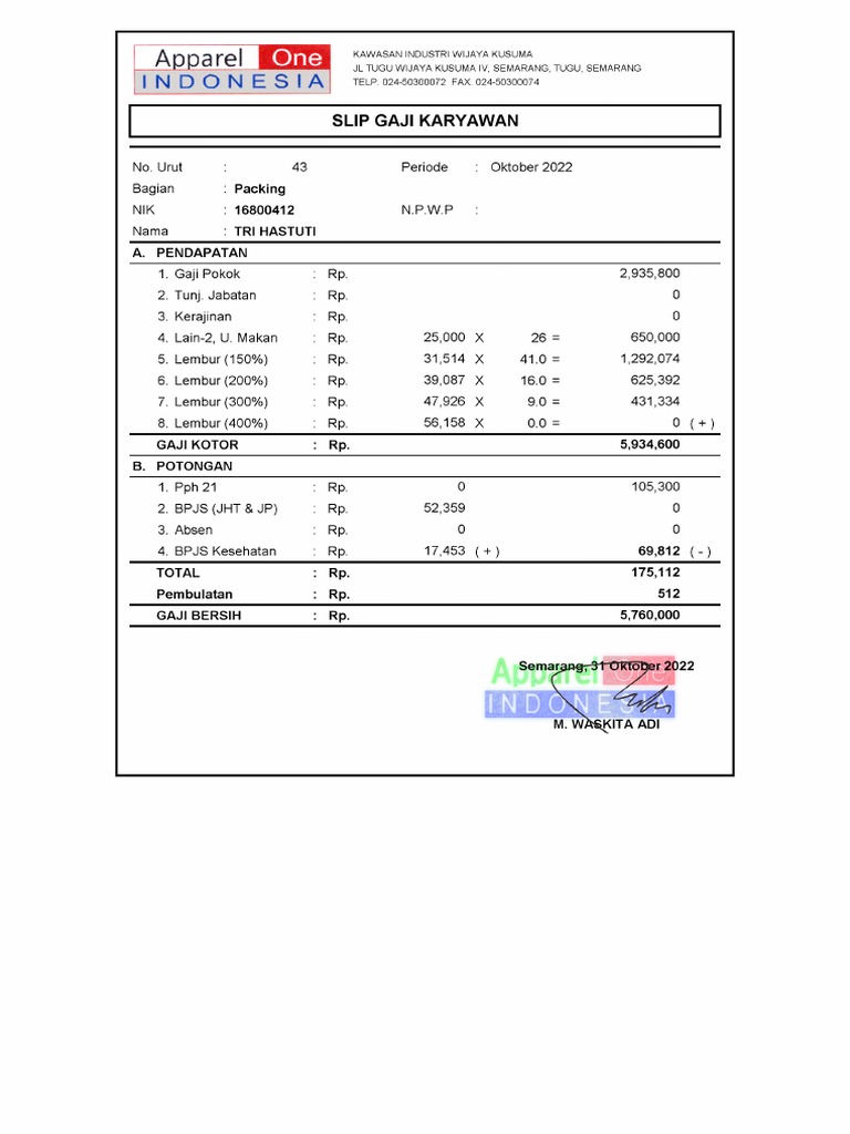 Slip Gaji Penghasilan APPAREL ONE INDONESIA PT - Tri Hastuti | PDF