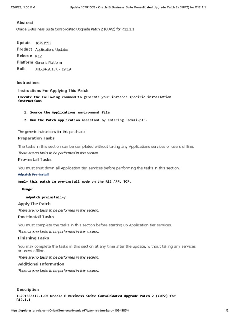 Update 16791553 Oracle E Business Suite Consolidated Upgrade Patch 2 Cup2 For R12 1 1 Pdf