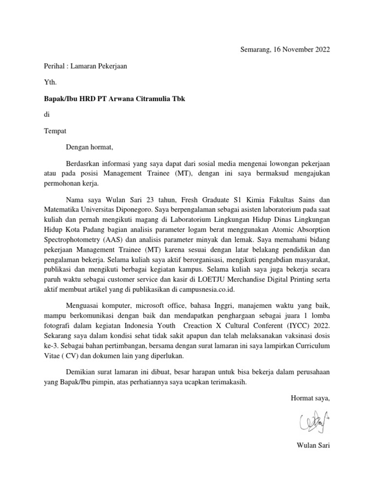 Surat Lamaran Kerja PT Arwana Citramulia TBK - Wulan Sari | PDF