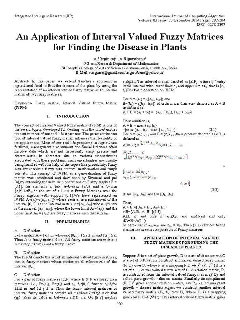 An Application of Interval Valued Fuzzy Matrices For Finding The Disease in Plants | PDF ...