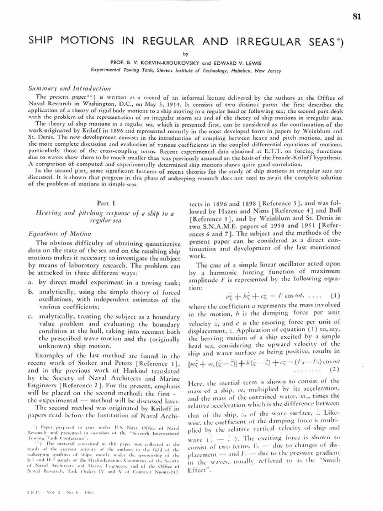 Ship Motions in Regular and Irregular Seas | PDF | Equations | Waves