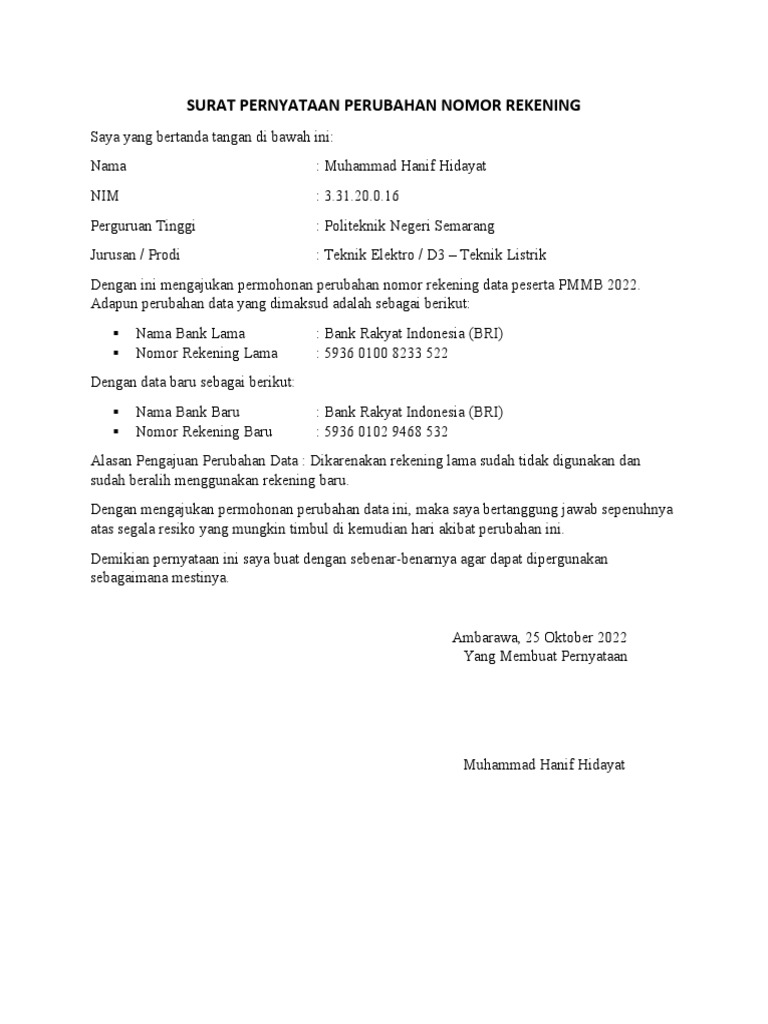 Surat Pernyataan Perubahan Nomor Rekening | PDF