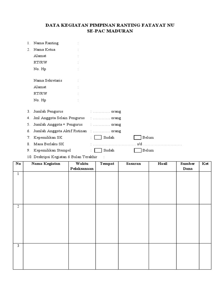 Form Data Kegiatan Pimpinan Ranting Fatayat Nu | PDF