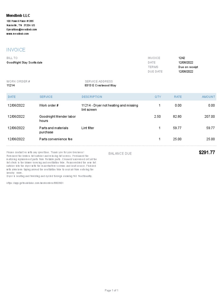 Invoice 1242 From Mendbnb LLC | PDF | Clothes Dryer | Home