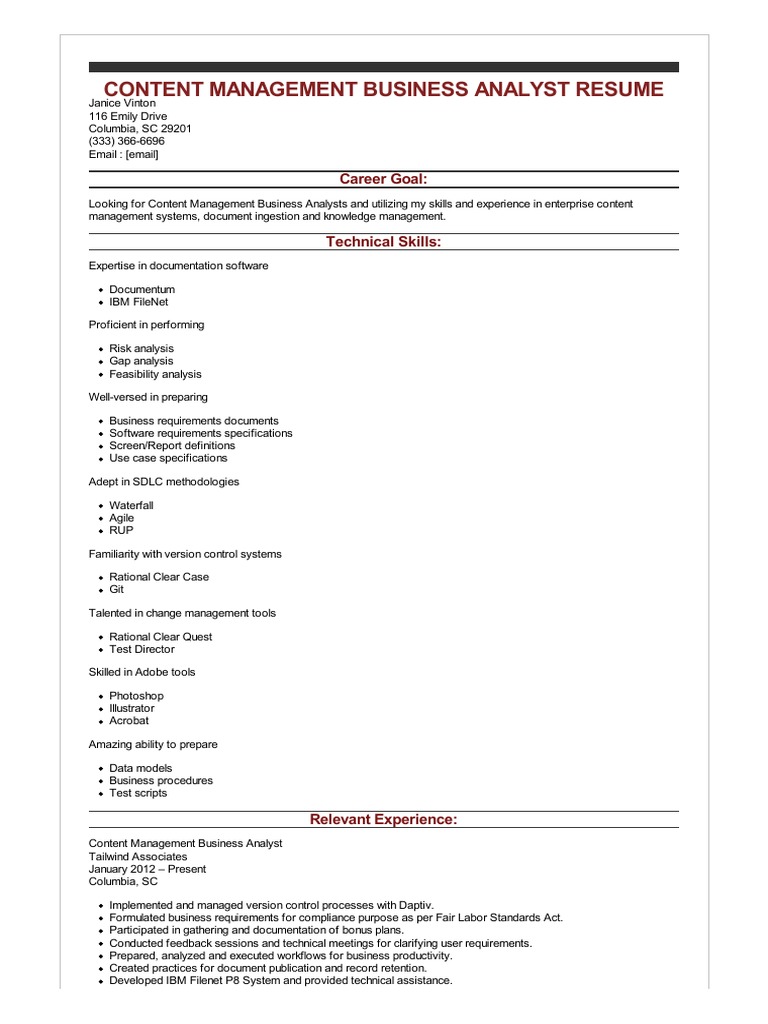 Content Management Business Analyst Resume | PDF | Use Case | Software Development Process