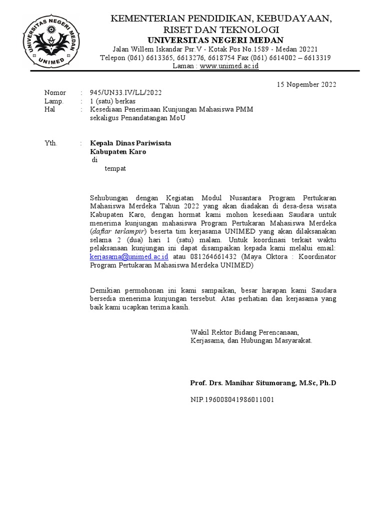 Surat Permohonan Ke Dinas Pariwisata Karo Utk PMM | PDF