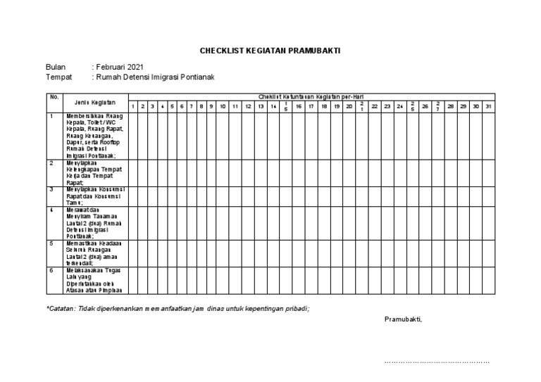 Checklist Kegiatan Pramubakti | PDF