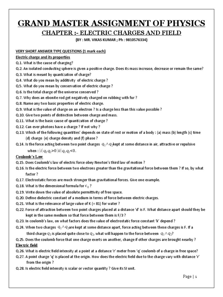 Assignment - Electrostatic Charge Field | PDF | Electric Field | Electric Charge