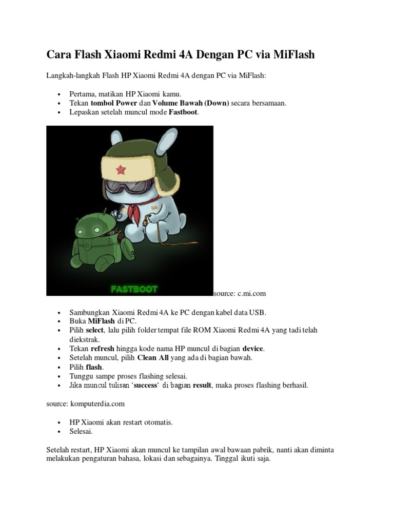 Cara Flash Xiaomi Redmi 4A Dengan PC Via MiFlash | PDF