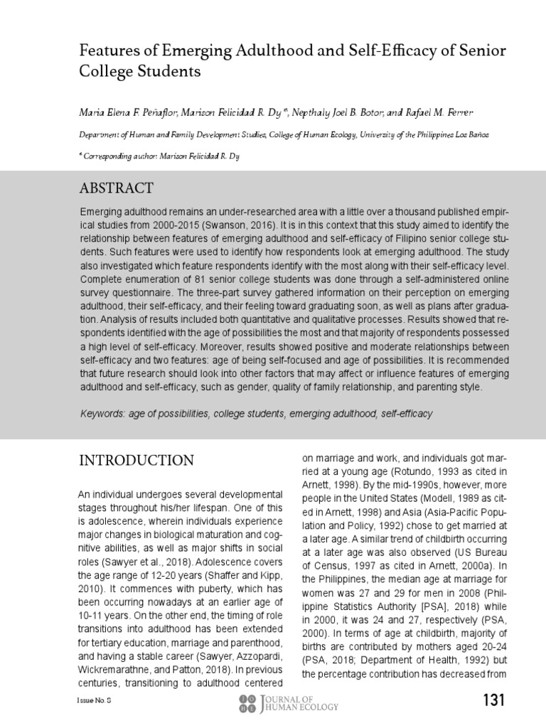 Features of Emerging Adulthood and Self-Efficacy of Senior College Students | Download Free PDF ...
